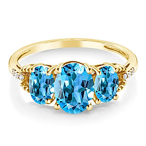 Gem Stone King 10K Yellow Gold Oval Swiss Blue Topaz 3 Stone Ring For Women (2.64 Cttw, Gemstone Birthstone) (Size 8)