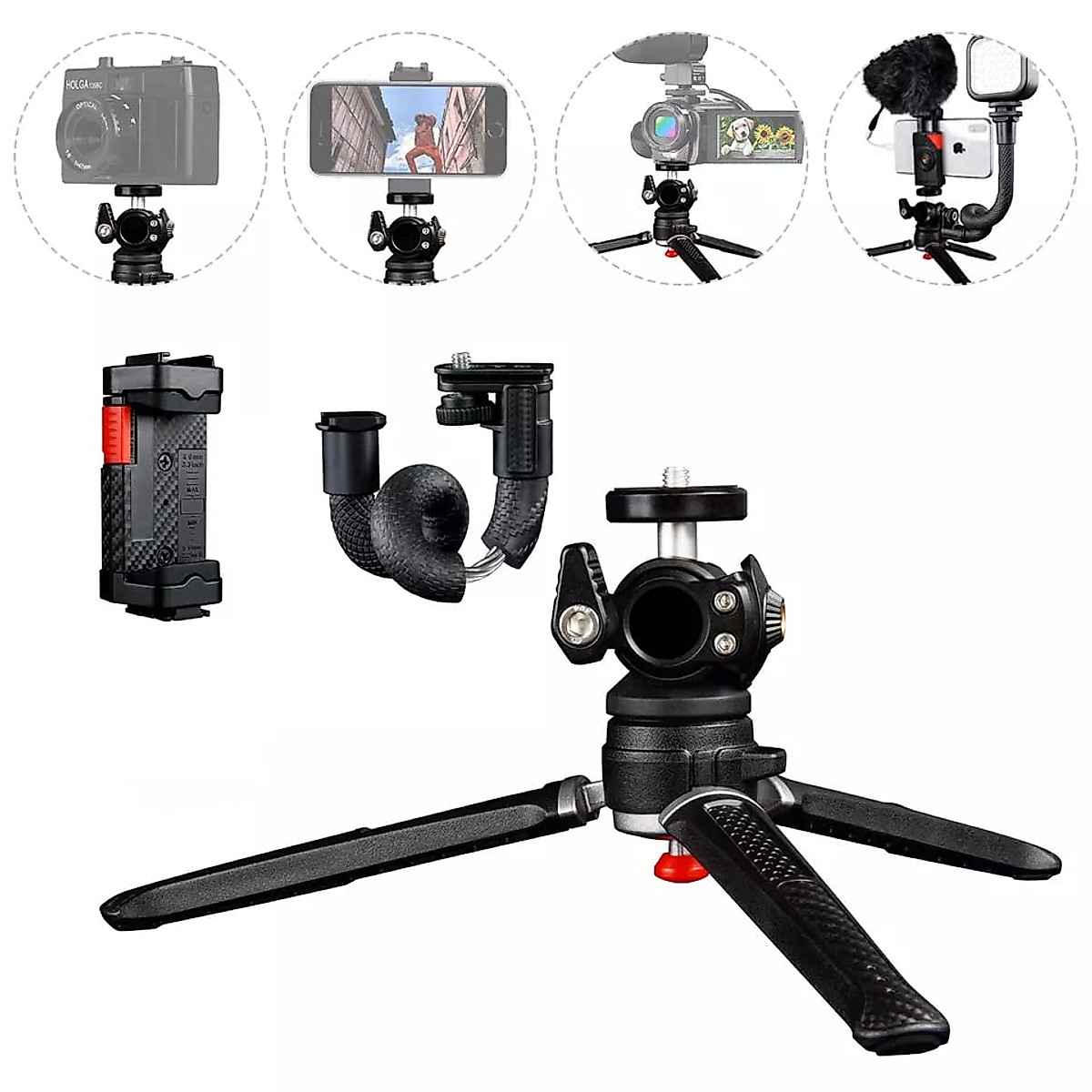 Portable & Sturdy Adjustable Phone Tripod,Cell Phone Mount Easy to Adjust 360° Ball Head, Mini Tripod with Cold Shoe Mount, 1/4'' Screw for Magic Arm,Selfie Stick Stand for Smartphone DSLR Camera