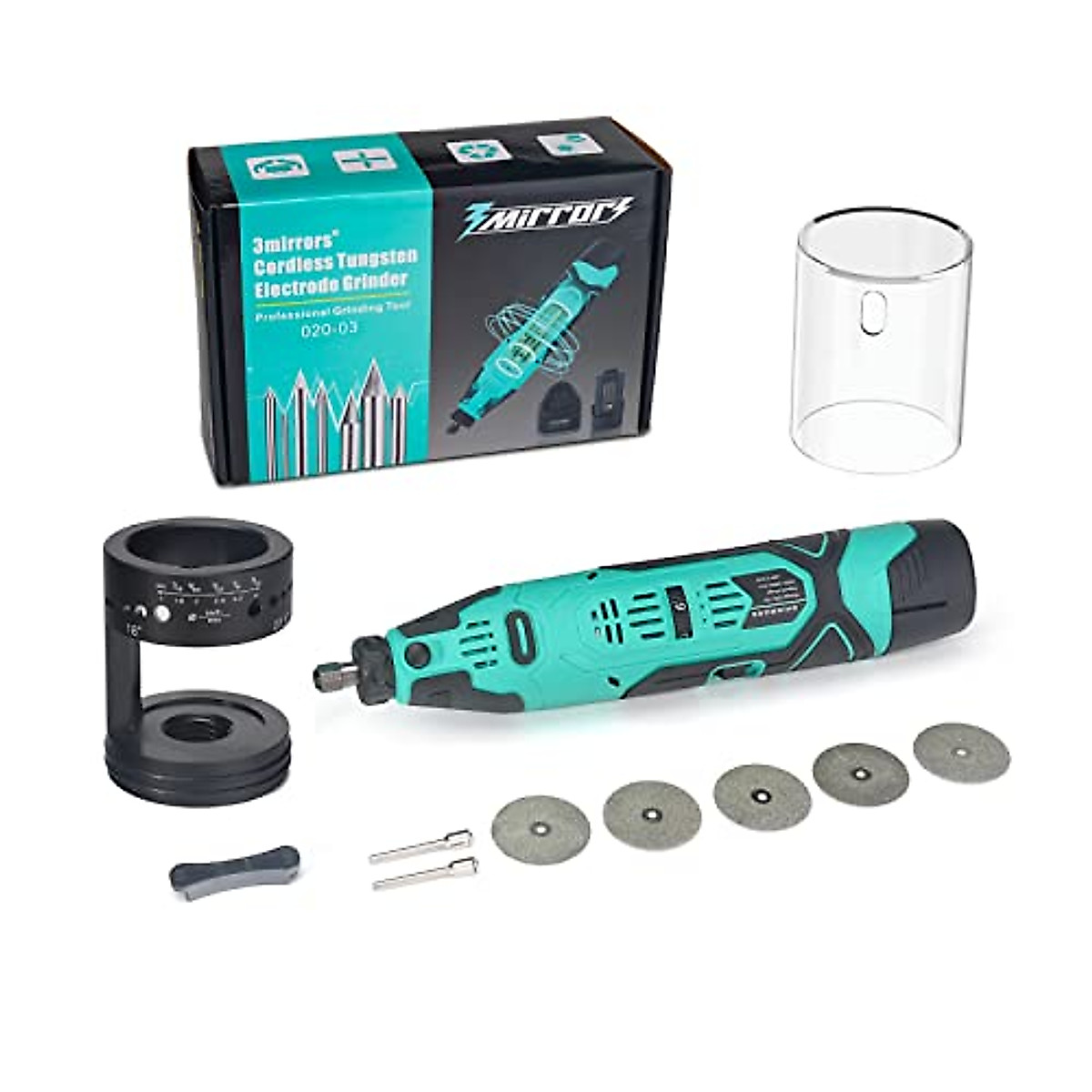 3mirrors Cordless Tungsten Electrode Sharpener Grinder, Healthy TIG Welding Rotary Tool with 24 Guides Grinder Head Lithium Battery Charger Dust Housing 5X 35mm Double Diamond Wheels