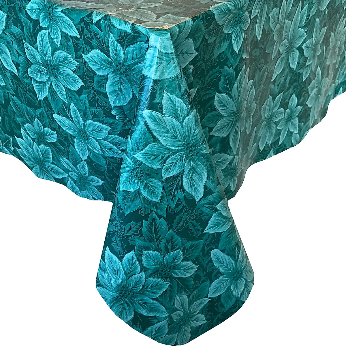Newbridge Hunter Green Poinsettia Scroll Vinyl Christmas Tablecloth with Flannel Backing, Poinsettia and Holly Damask Look Vinyl Flannel Back Tablecloth, 60” x 102” Oblong/Rectangle