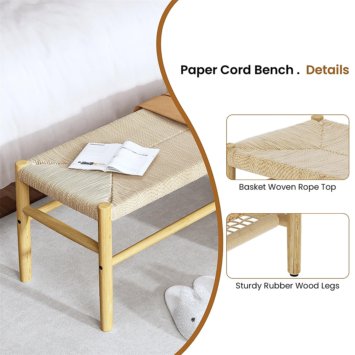 Recaceik Indoor Entryway Bench with Paper Cord Ottoman, Mid-Century Long Bench with Rubber Wood Legs, French Vanity End Bed Bench for Bedroom Living Room Channel