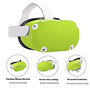 Compatible with Oculus Quest 2 Accessories, Silicone Face Cover, VR Shell Cover, Touch Controller Lengthening Grip Cover with Battery Opening Adjustable with Knuckle Straps Green