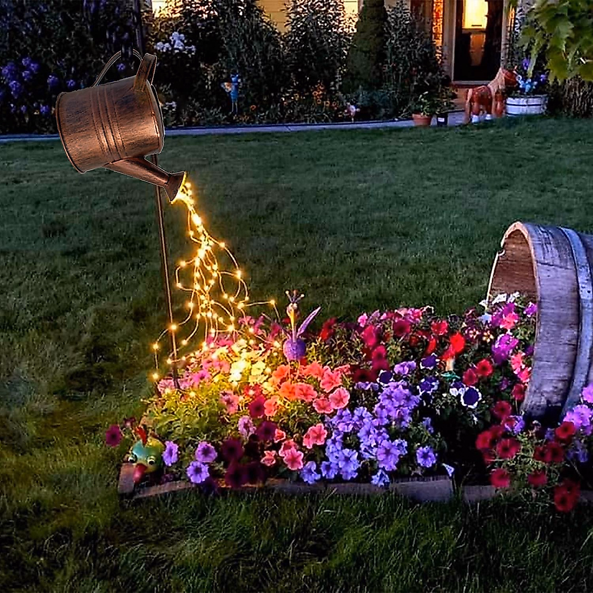 Star Shower Watering Can Lights - Waterproof Solar Garden Decor Led Art Lamp - Outdoor String Fairy Lights with Bracket for Home Path Patio Yard Lawn Metal Statues