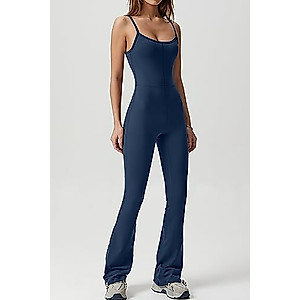 QINSEN Womens Yoga Jumpsuits Workout Sleeveless High Waist Sport One Piece Jumpsuits Navy Blue L