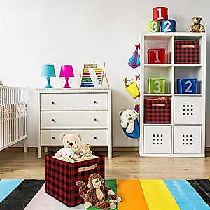 Storage Cube Bins Buffalo Red Plaid Grid Large Collapsible Storage Basket with Handle Decorative Storage Boxes for Toys Organizer Closet Shelf Nursery Kid Bedroom,13x13x13