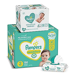 Diapers Size 2, 186 Count and Baby Wipes - Pampers Swaddlers Disposable Baby Diapers and Water Baby Wipes Sensitive Pop-Top Packs, 336 Count (Packaging May Vary)