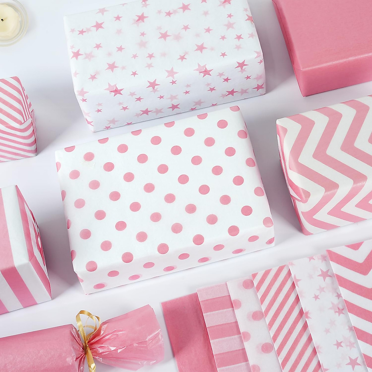 MAMUNU 120 Sheets Light Pink Tissue Paper Set, Metallic Gold Design Gift Wrapping Tissue Paper for Home, Kitchen, Packing, DIY Crafts (20 Sheets Each of 6 Patterns, 50CM X 35CM)