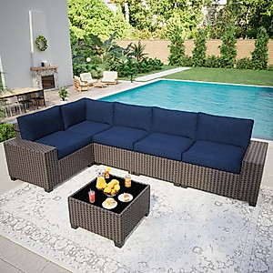 IDEALHOUSE 6 Pieces Blue Patio Sectional Furniture Set, Wicker Conversation Sets Patio Furniture, Brown Patio Sofa with 5 Navy Blue Seat Cushions and 1 Glass Coffee Table