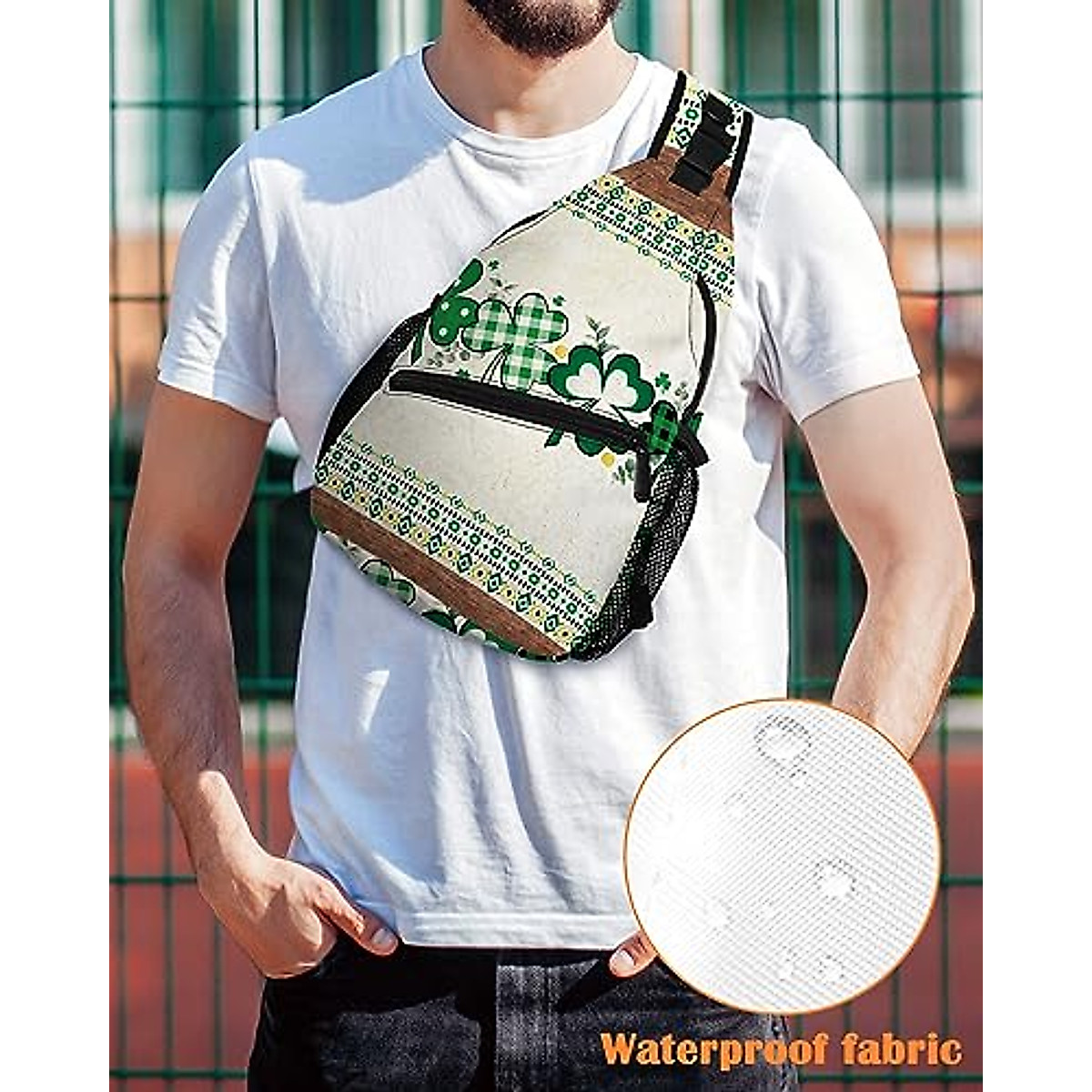 Sling Backpack, St. Patrick's Day Green Shamrocks Clover Southwestern Waterproof Lightweight Small Sling Bag, Travel Chest Bag Crossbody Shoulder Bag Hiking Daypack for Women Men