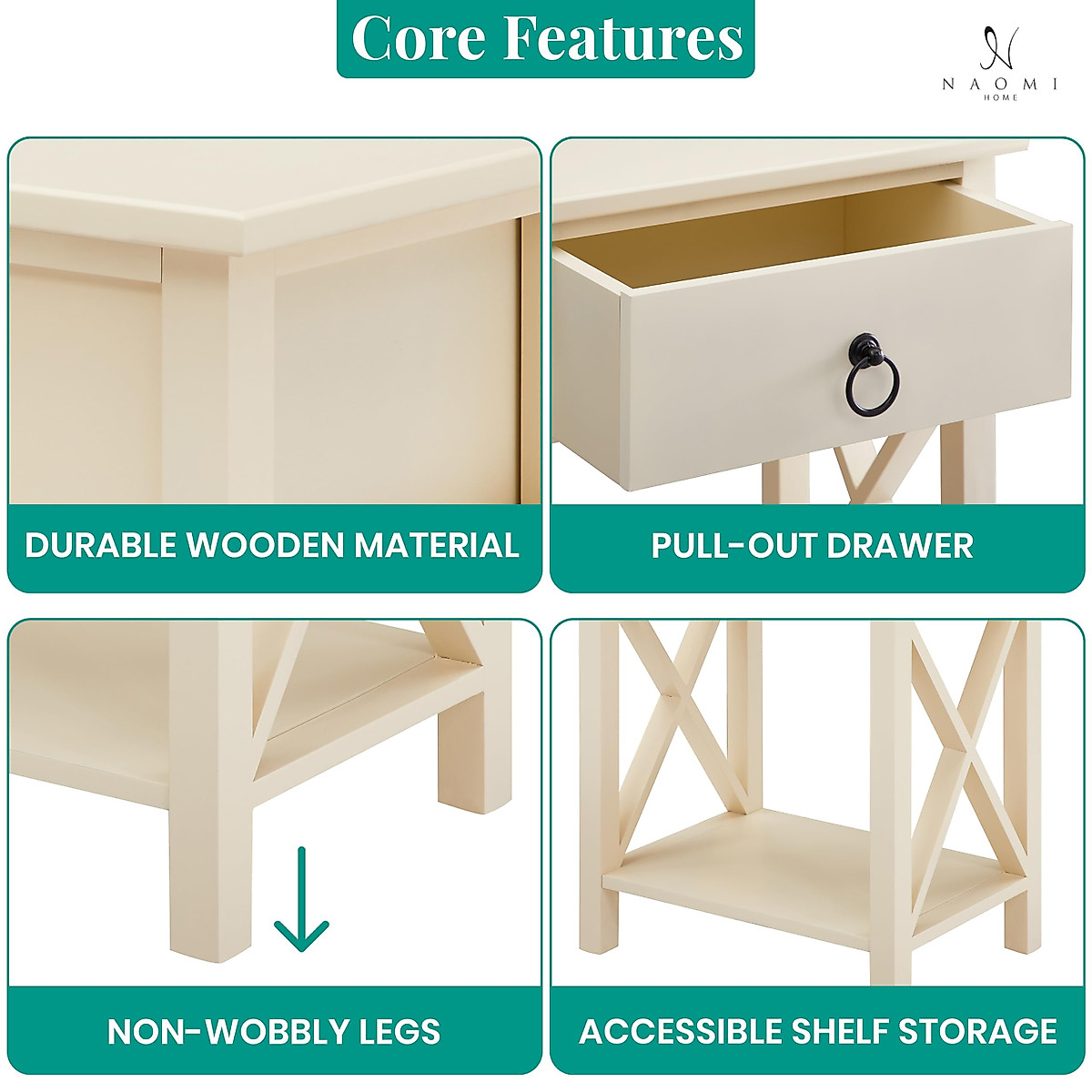 Alisa 1.8 feet Small Profile Night Stand, Bedside Table, Side Tables Bedroom, Wooden Night Stands for Bedroom, Bed Side Table/Night Stand, Nightstand with Drawer, Bed Stand End Table w/ Drawer - Cream