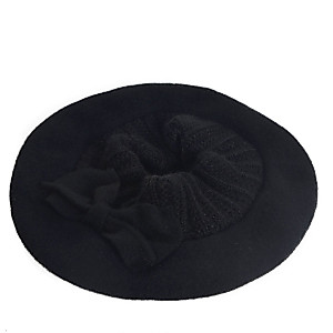 VECRY Lady French Beret 100% Wool Beret Floral Dress Beanie Winter Hat (Bow-Black)