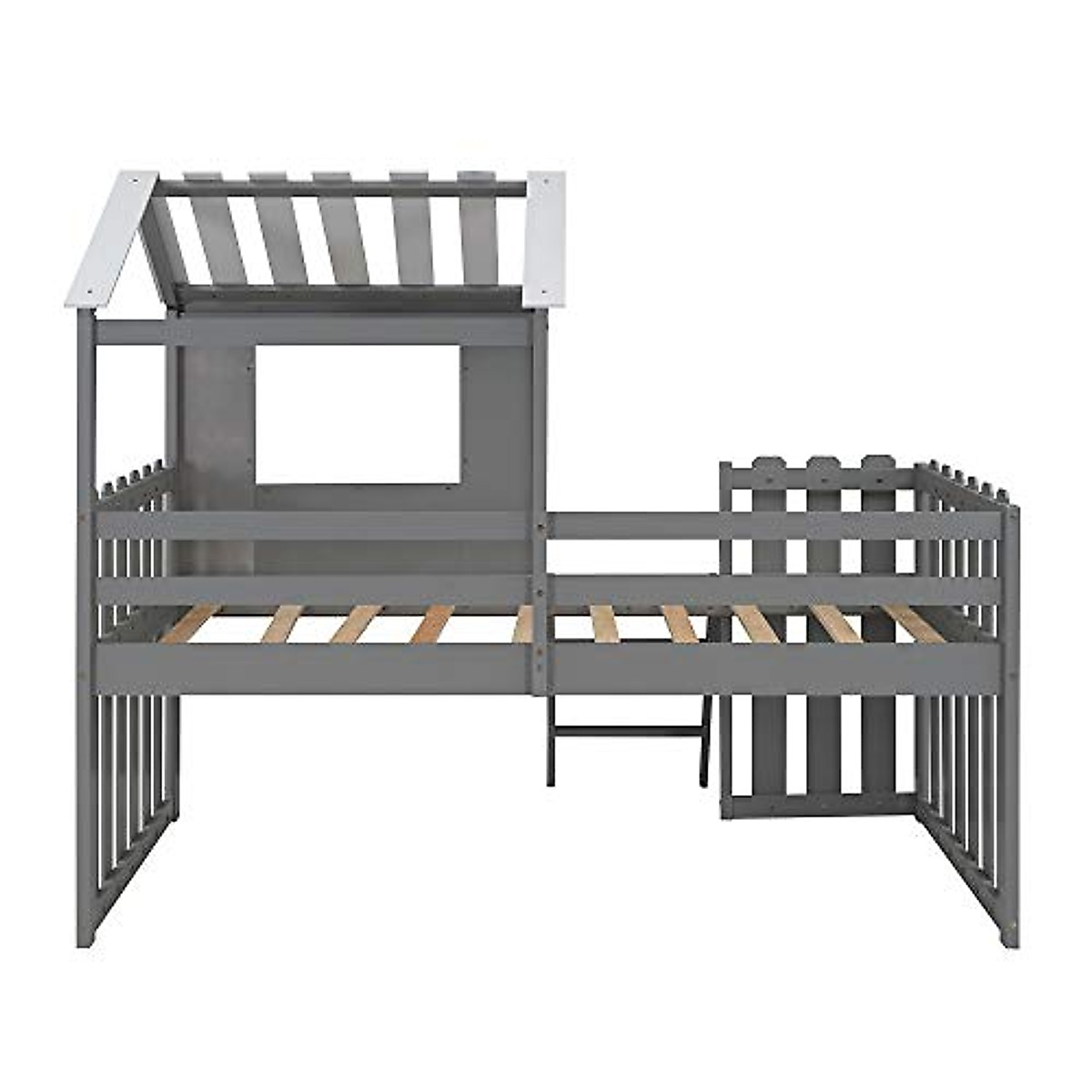 Twin Loft House Bed for Kids, Wooden Loft Beds with Rustic Fence-Shaped Guardrail/Ladder/Window/Roof for Teens Boys & Girls Bedroom (Gray-Loft House Bed)
