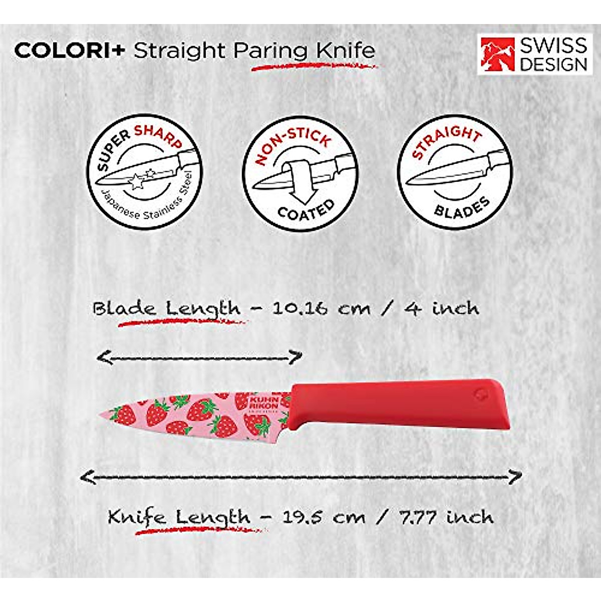 KUHN RIKON Funky Fruit Strawberry Colori+ Non-Stick Straight Paring Knife with Safety Sheath, Stainless Steel, 19 cm,