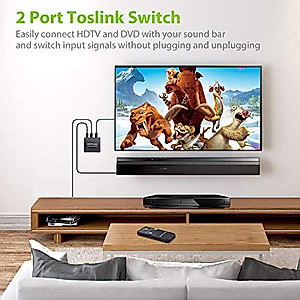 LiNKFOR 2x1 Digital Optical Audio Switch with IR Remote Control Digital Audio SPDIF Toslink Optical Fiber Switcher 2 in 1 Out Aluminum Alloy with 6ft Optical Cable for PS3 Xbox Blue-Ray DVD HDTV