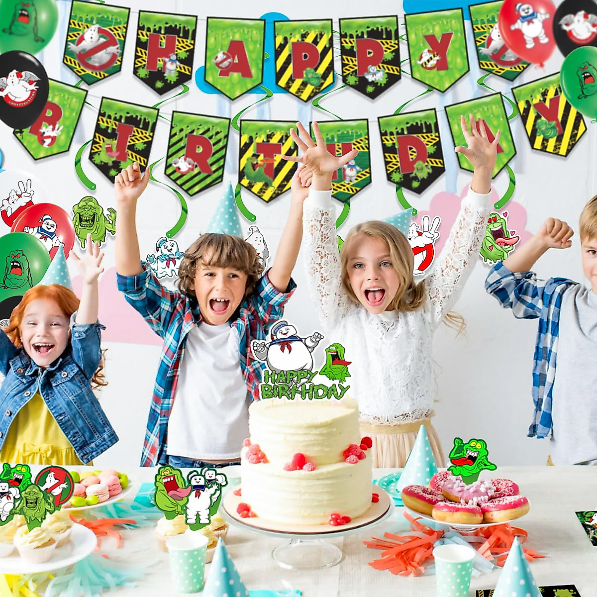 Green Cartoon Themed Birthday Party Decorations, Green Cartoon Birthday Party Supplies, Green Cartoon Party Decors For Boys, Include Green Cartoon Happy Birthday Banner, Green Cartoon Cake Topper