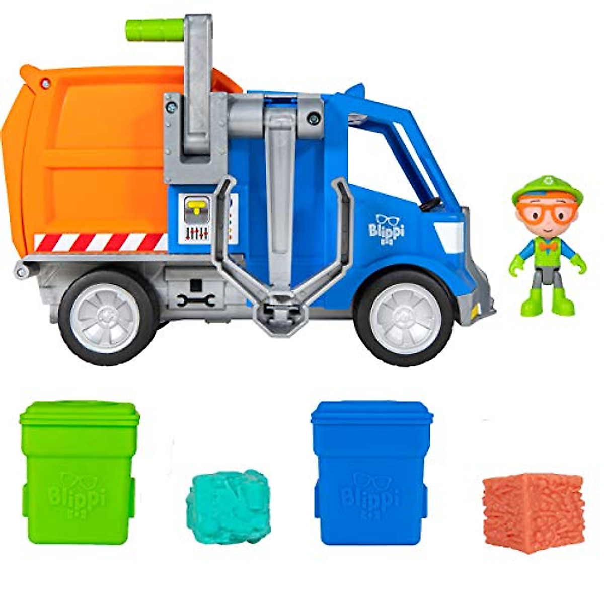 Blippi Recycling Truck - Includes Character Figure, Working Lever, 2 Trash Cubes, 2 Recycling Bins - Sing Along with Popular Catchphrases - Educational Toys for Kids - Amazon Exclusive