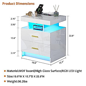 SKKTKT LED Nightstand with Charging Station, Modern White Bedside Table with Body Sensor Light, Night Stand with 2 Storage Drawers & 24 Color Changing, High Gloss End Table Bed Side Table for Bedroom
