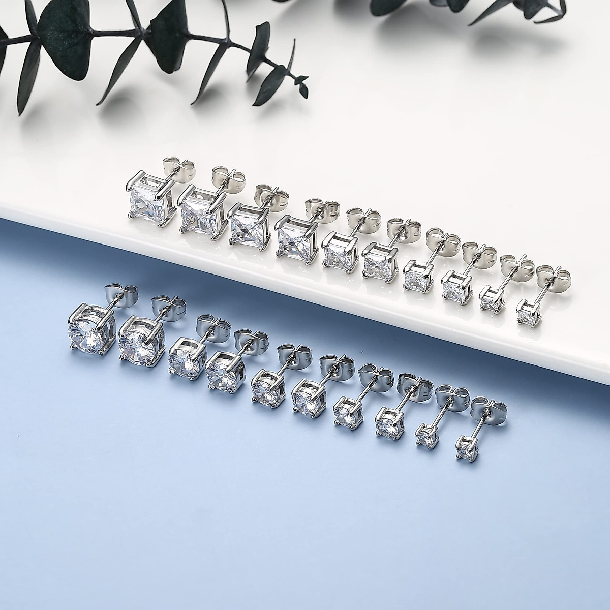 LOYALLOOK 12 Pairs 20G Stainless Steel Ear Stud Piercing Cubic Zirconia Barbell Stud Earring Set Screw Flat Back Earrings for Women (10Pairs Style4)