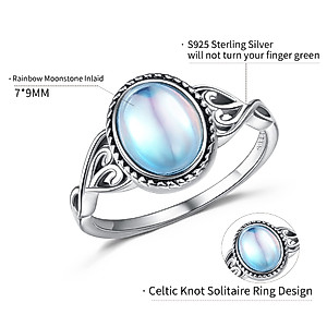 MILACOLATO Moonstone Rings for Women 925 Sterling Silver Jewelry | 18K White Gold Vintage Celtic Knot Rings | Bezel Solitaire Rings | 5/6/7/8/9/10/11, Sterling Silver, Cubic Zirconia