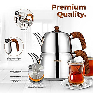 Amboss Turkish Teapot Set with Steam Lid 4 PCS Stainless Steel Wood Design Bakelite Handles Induction Compatible Turkish Tea Set