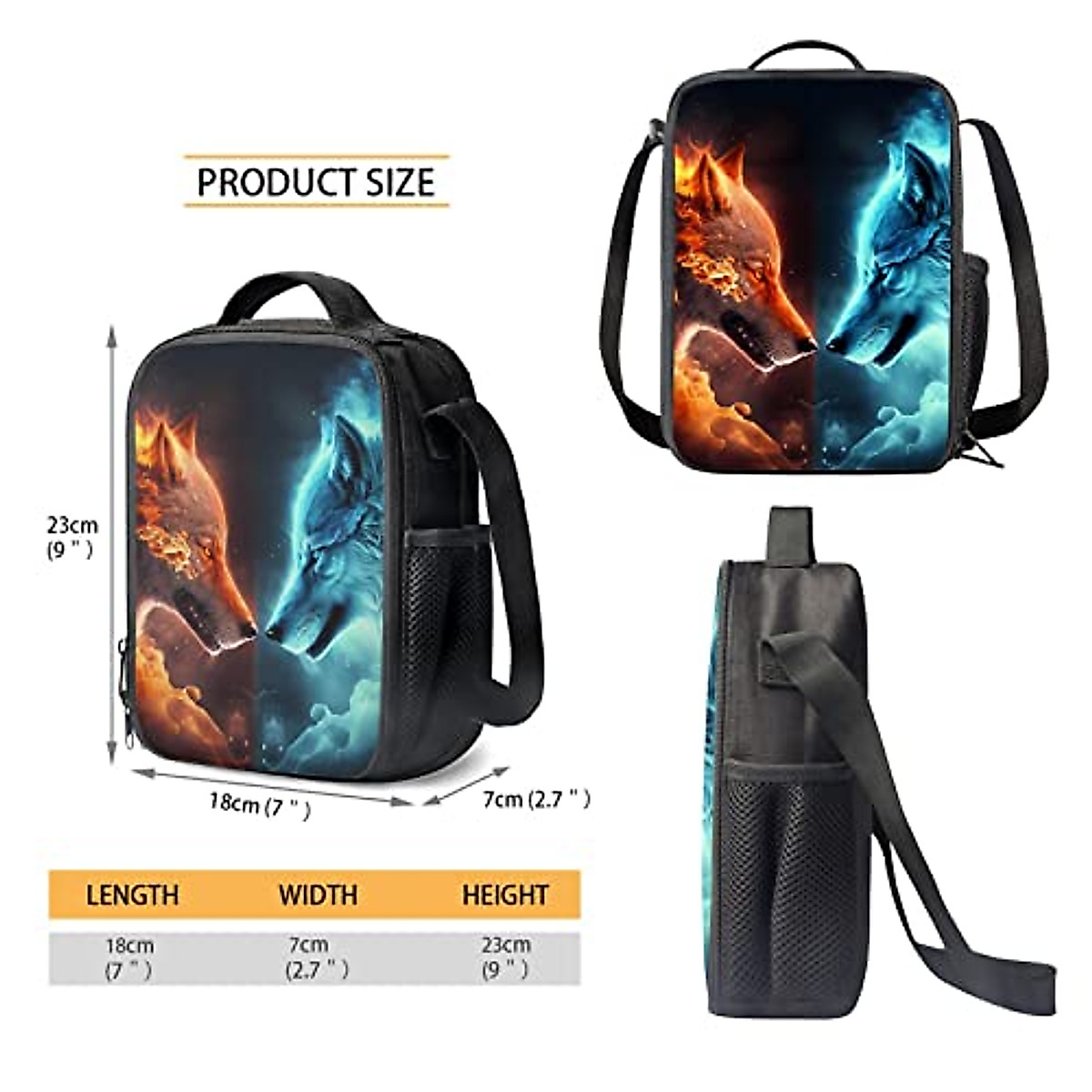 DMOYALA Ice and Fire Wolf Backpack for Women Girls Aesthetic Big Backpack Purse with Front Pocket Laptop Backpack for High School Students Insulated Lunch Bag Small Pencil Bag for Students