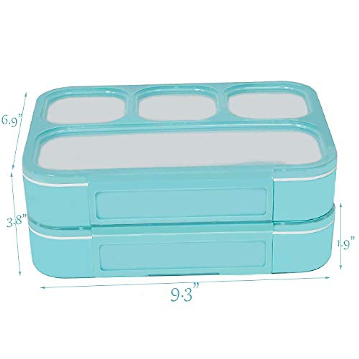 Dporticus 2 Pack Plastic Portable 4 Compartments Leak-proof Bento Lunch Box with Spoon for Adults BPA Free Microwave Safe,Blue