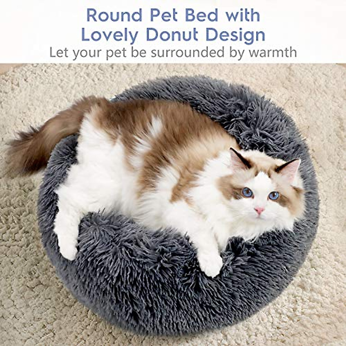 rabbitgoo Cat Beds for Indoor Cats, 20 inches Cat Bed Machine Washable, Fluffy Round Pet Bed Non-Slip, Calming Soft Plush Donut Cuddler Cushion Self Warming for Small Dogs Kittens, Dark Grey, Medium