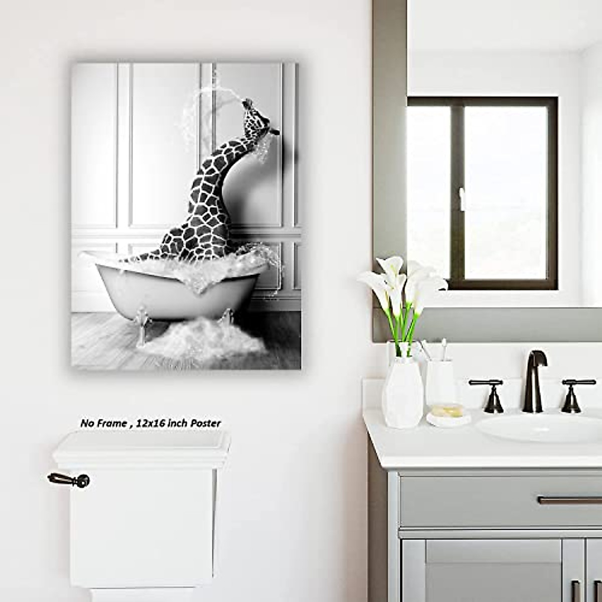 Funny Bathroom Decor Giraffe Animals Bathtub Poster–Unframed (12 x 16 Inch)– Bathroom Wall Decor, Black and White Bathroom Decor, Giraffe Wall Art Photo Pics Poster Funny Bathroom Modern Cute Chic Cool Unique Bathroom Sign