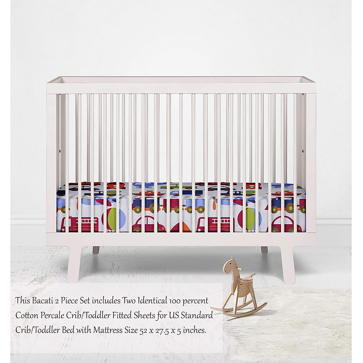 Bacati - 2 Pack Crib Fitted Sheets - Transportation Print Breathable 100% Cotton Percale Baby Sheets - Fits Standard 28 x 52 X 5 inches Crib & Toddler Mattresses