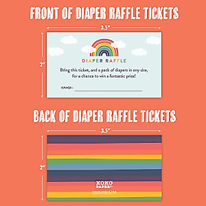 Koko Paper Co Rainbow Baby Shower Invitations and Diaper Raffle Tickets | 25 Fill-in Invitations, 25 Bright White Envelopes and 25 Diaper Raffle Tickets | 75 pcs Total | Printed on Heavy Card Stock.
