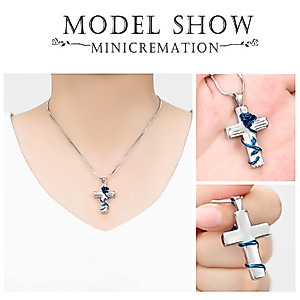 Urn Necklace for Ashes Rose Flower Cross Cremation Jewelry Pendant for Human/Pet Funeral Keepsake Memorial Necklace(Blue)
