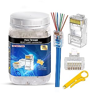 PETECHTOOL Cat6 RJ45 Connectors Pass Through Cat6 Cat5 Ethernet Connector 100-Pack with Wire Stripper for Solid or Stranded UTP Ethernet Cable