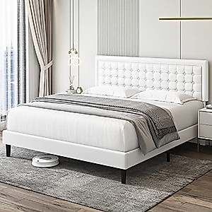 HIFIT King Size Bed Frame, Upholstered Platform Bed with Button Tufted Adjustable Headboard, Modern Faux Leather Upholstered Mattress Foundation, No Box Spring Needed, Easy Assembly, White