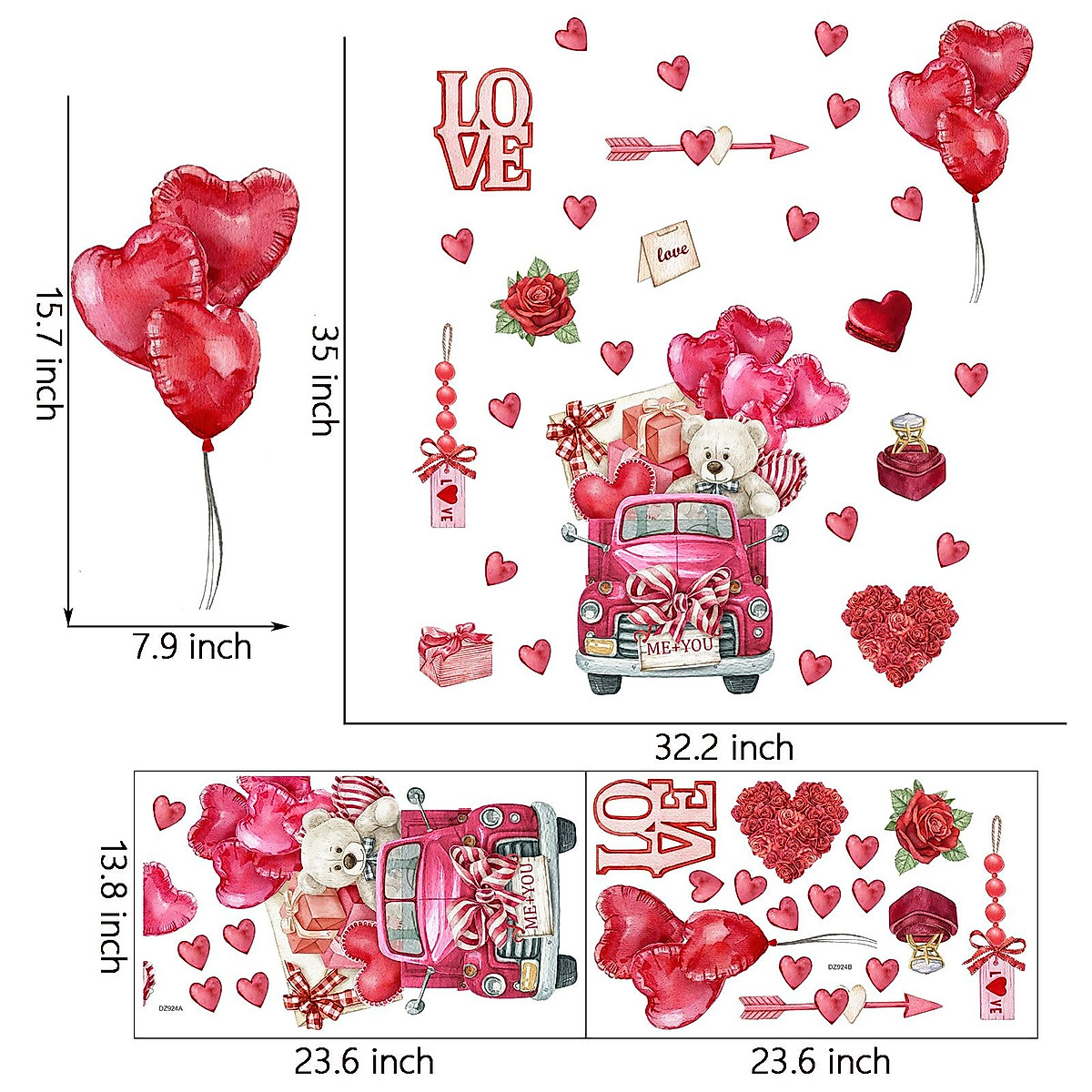 Valentine's Day Love Wall Decals Red Truck Balloon Window Clings Wall Stickers Rose Diamond Ring Romantic Decals Removable Peel and Stick Murals for Home Bedroom Living Room Wedding Anniversary Decor