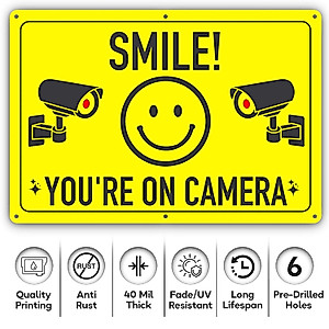 ASSURED SIGNS Smile You're On Camera Sign - 11.75 X 8 Inch - 2 Pack - Ideal Aluminum Video Surveillance Security Signs to Prevent Trespassing on Private Property - Perfect for House, Business, Yard or Private Driveway