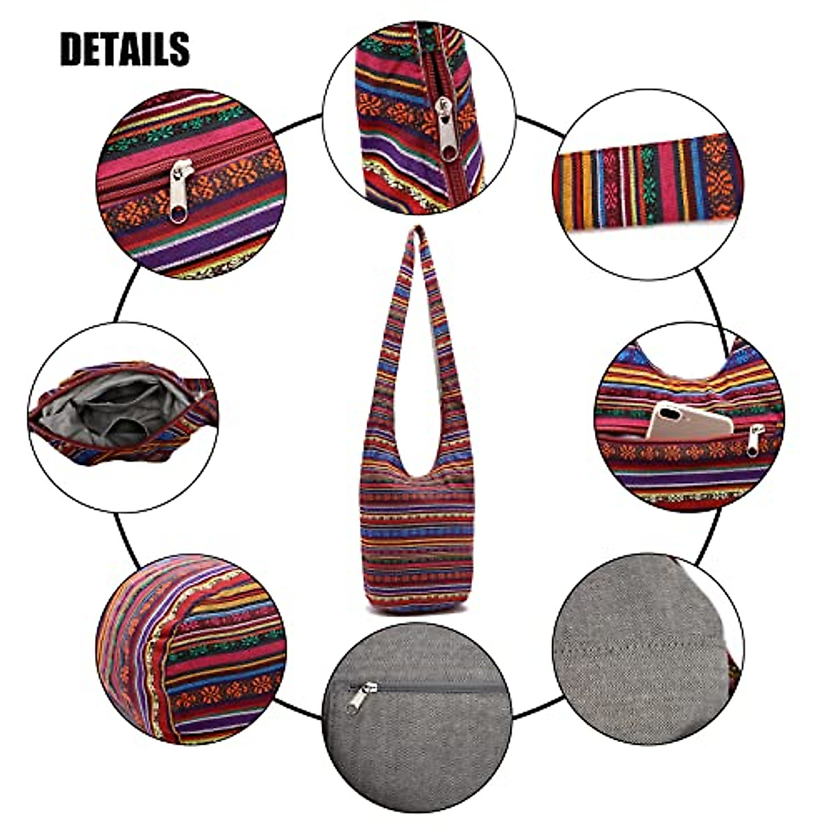 Humsato Ethnic Hippie Bag, Linen Boho Style Hobo Bags For Women, Hippie Shoulder Bags, Crossbody Bag, Boho Purse