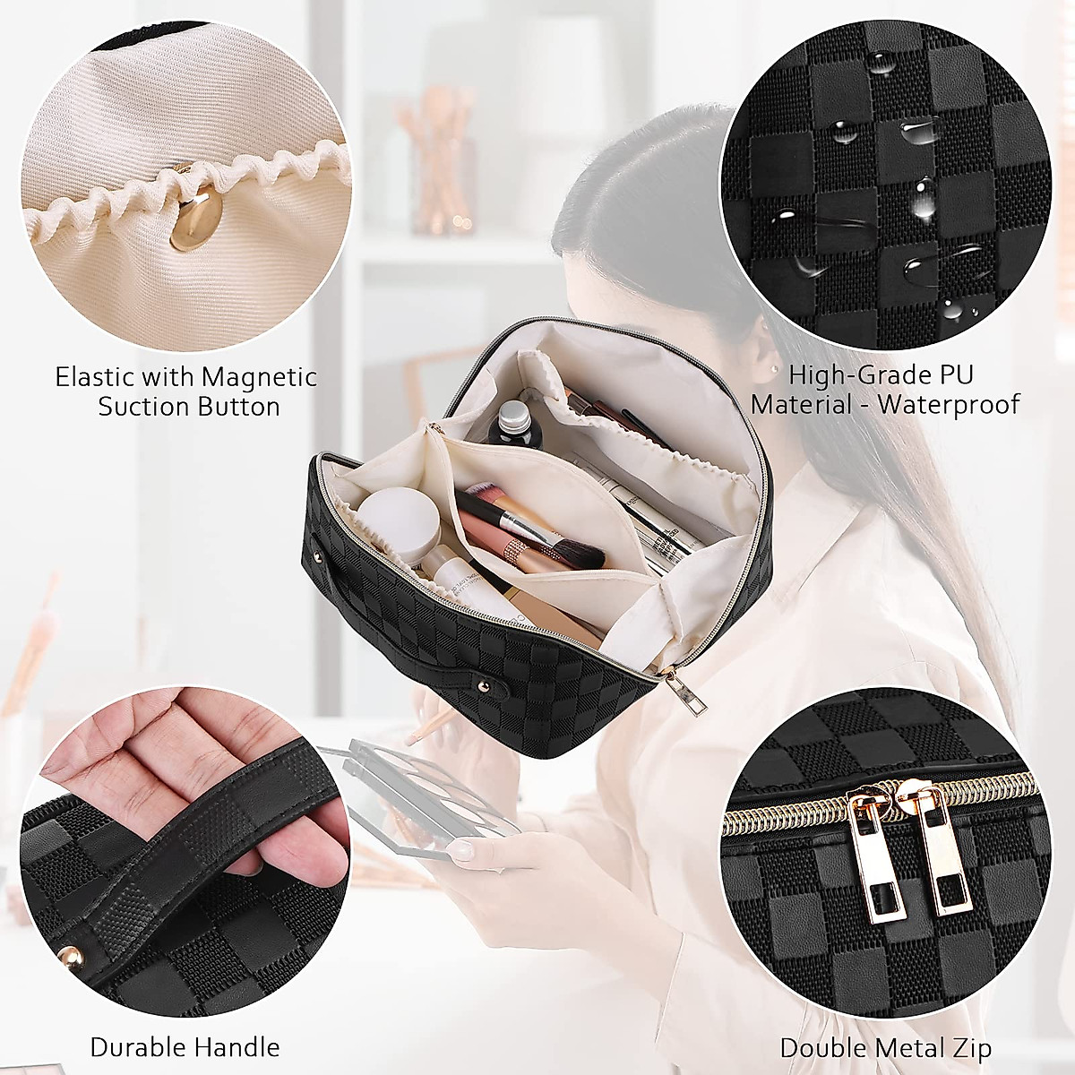 EVELOMO Large Capacity Travel Cosmetic Bag, PU Leather Waterproof Cosmetic Bag, Women Portable Travel Makeup Bag, Multifunctional Makeup Bag Organizer with 4 Silicone Leak Proof Sleeves (Black)