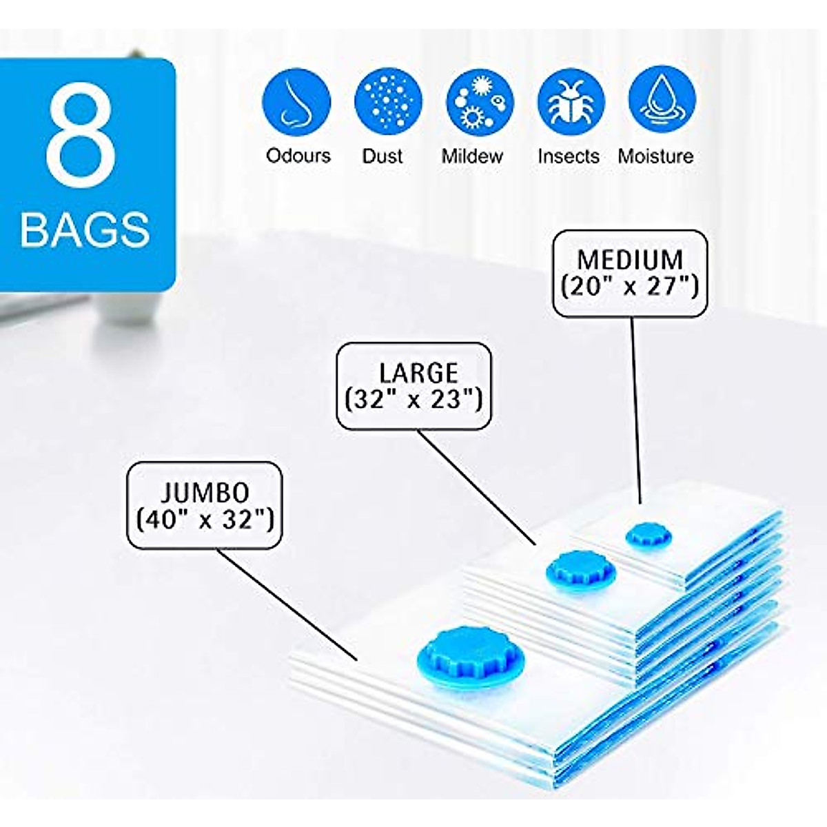 BZ Clothes Storage Bags. More Storage! Hand-Pump for Travel! Double-Zip Seal and Triple Seal Turbo-Valve for Max Space Saving (Variety 8 Pack)