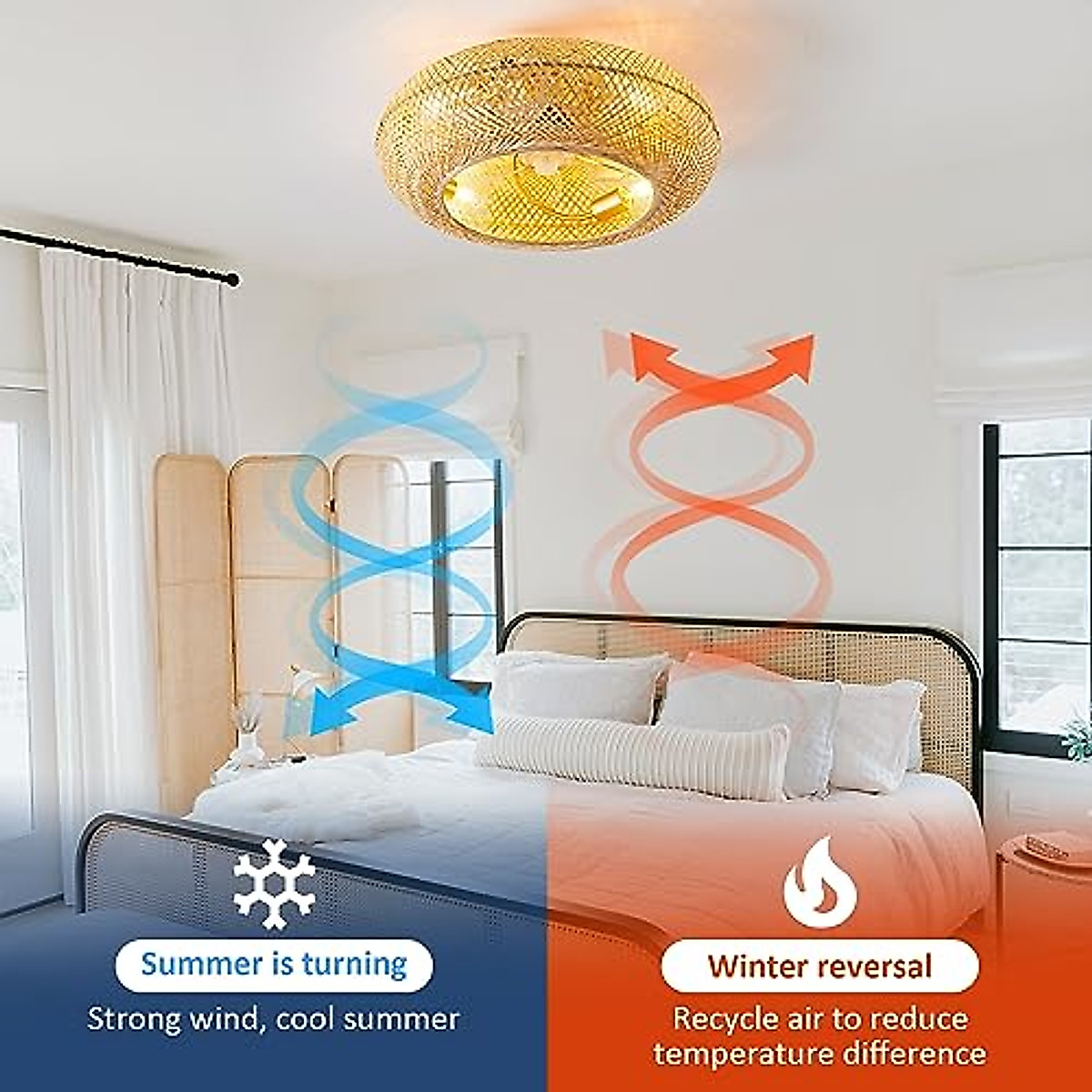 hummingbird Boho Ceiling Fan with Lights Flush Mount, 20 Inch Rattan Caged Ceiling Fans with Light and Remote Control, Bamboo Enclosed 6 Speeds for Bedroom, Living Room