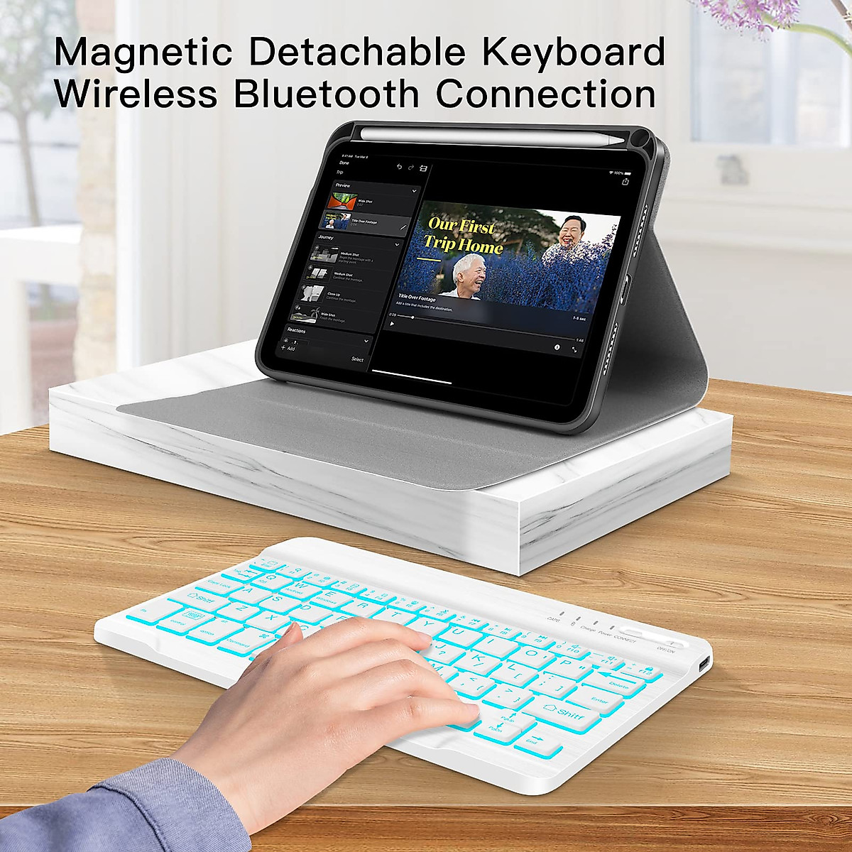 JUQITECH iPad Mini 6 Case with Keyboard - iPad Mini 6th 2021 8.3" Backlit Bluetooth Wireless Magnetic Detachable Rechargeable Keyboard Smart Folio Stand Honeycomb Tablet Cover with Pencil Holder, Gray