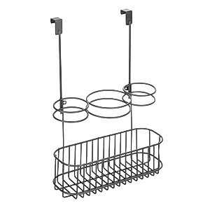 mDesign Steel Over Cabinet Door Hair Care/Hot Styling Tool Organizer Storage Basket for Hair Dryer, Flat Irons, Curling Wands, Straighteners, Space-Saving 3 Sections, Concerto Collection Graphite Gray