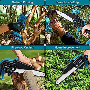 Mini Chainsaw 6 Inch, Electric Cordless Chainsaw with 2 Batteries & 2 Chains, Handheld Chainsaw Kit for Tree Pruning, Wood Cutting, Branches Shears