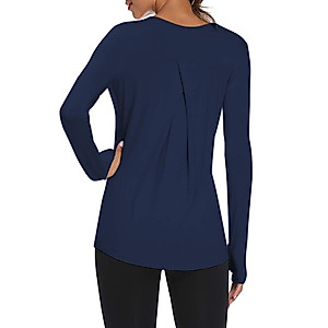 Mippo Womens Workout Athletic Yoga Long Sleeve Shirts Cute Work Out Gym Pilates Clothes Soft Lightweight Long Tunic Tops with Thumb Holes Navy Blue XL