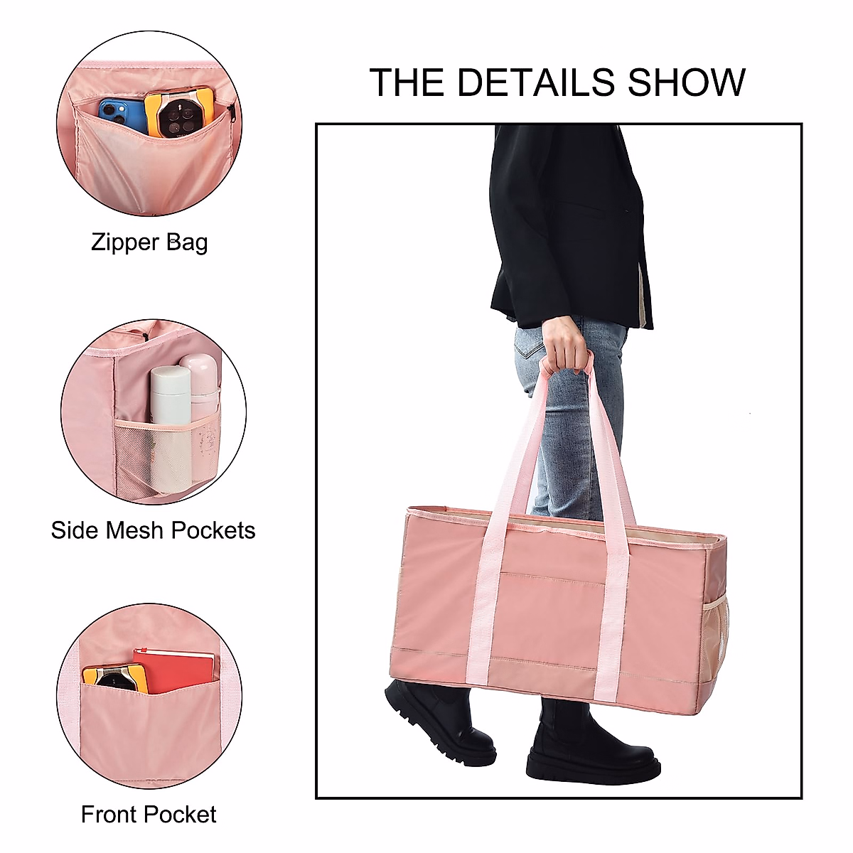 Litvyak Extra Large Utility Tote Bag, Reusable Grocery Bags Collapsible Tote Shopping Bag for Groceries, Storage, Picnics, Beach, Pool, Laundry, with Reinforced Wire Frame & Handles(Pink)