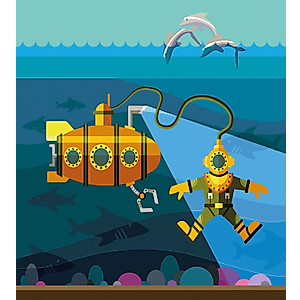 Ambesonne Yellow Submarine Duvet Cover Sets, Submarinend Diver Jumping Dolphins Illustration Print, Bedding Set with 2 Duvet Covers 4 Pillowcases, 2 Pack Cal King Size, Petrol Blue and Ginger