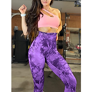 Rugkey Scrunch Butt Lift Leggings for Women Tie Dye High Waist Seamless Gym Workout Yoga Pants Ruched Booty Compression Tights Purple L
