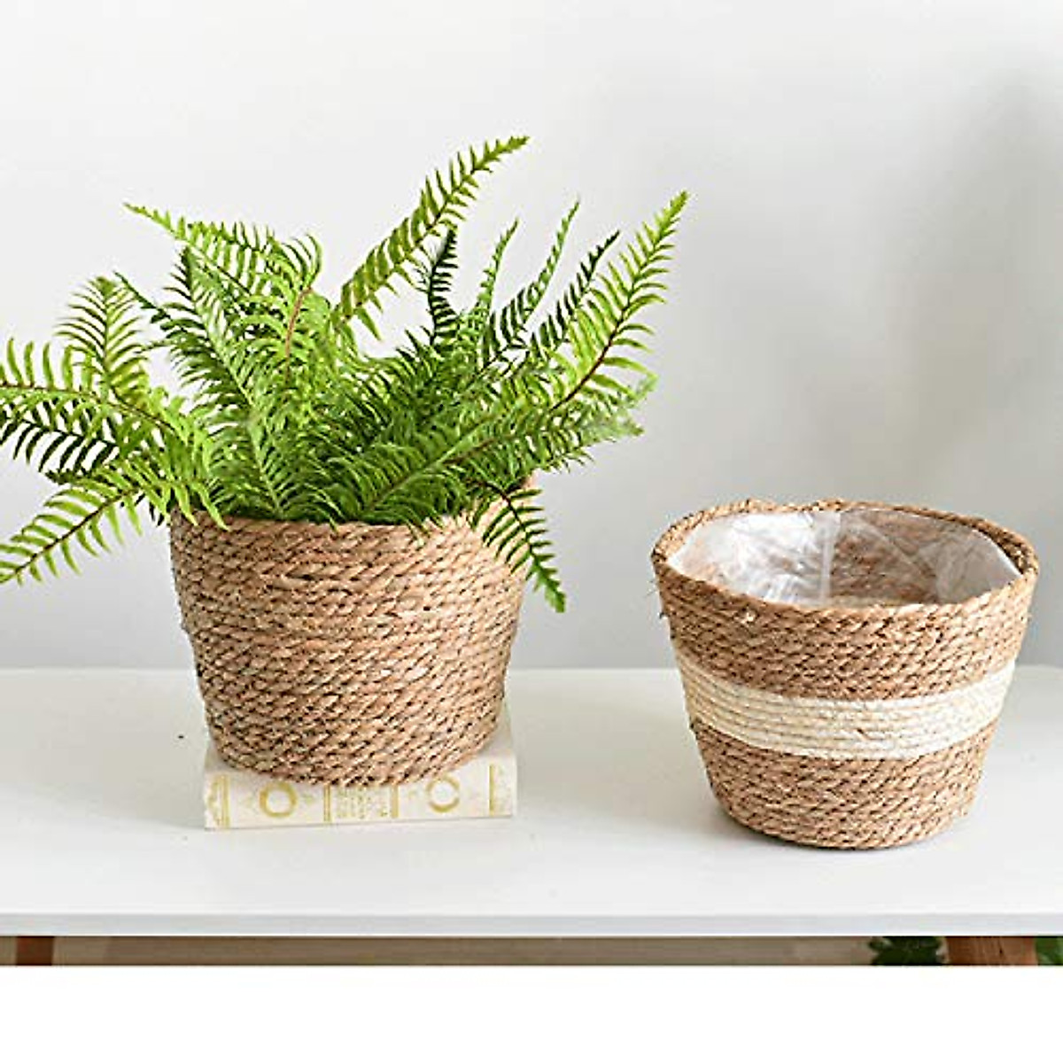 SANGDA Seagrass Basket Planters, Flower Pots Cover Storage Basket Plant Containers Hand Woven Basket Planter with Plastic Liners Straw Flower Pot for Indoor Outdoor Plant