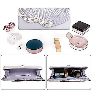Larcenciel Clutch Purses for Women, Satin Pleated Evening Bag with Detachable Chain, Formal Glossy Envelope Clutch Handbag Shoulder Cross body Bag Bridal Clutch Wedding Clutch Prom Party Purse(Sliver)