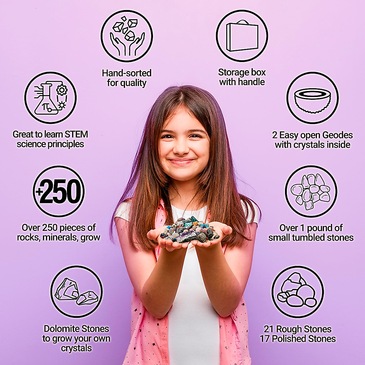 DANCING BEAR Rock, Mineral & Geodes Treasure Hunt Activity Kit (250 Pc Set) Real Shark Teeth Fossils, ID Sheet & Rock Book, STEM