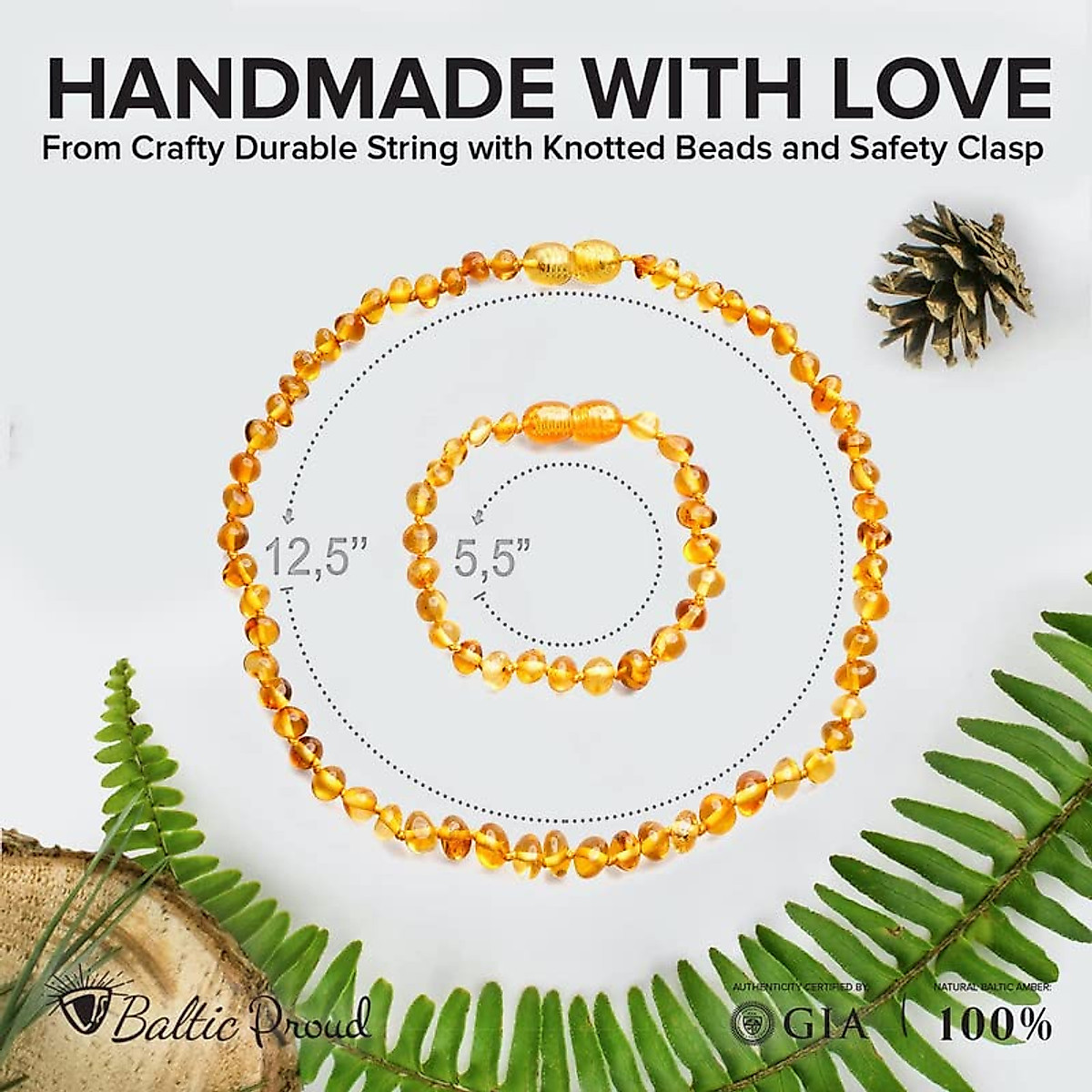 Baltic Proud Amber Necklace and Bracelet Gift Set (Unisex Honey 12.5 Inches/5.5 Inches) - Certified Premium Quality Raw Baltic Sea Amber